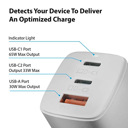 Ceptics USB C Wall Charger, 65W Ultra Compact with Quick Charge 3.0 PD Power Delivery - GAN TECH - Small USB + Dual USB-C - 3 Ports Total - Powerful - Fast QC & PD - White (NAN-65W)