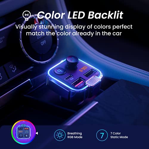 AINOPE 2023 Upgraded Bluetooth FM Transmitter for Car Adapter, Stronger Microphone & Bass Sound Bluetooth Radio Transmitter Car Adapter, Support 42W PD+QC3.0, 7 Colors LED Backlit, Wireless Call