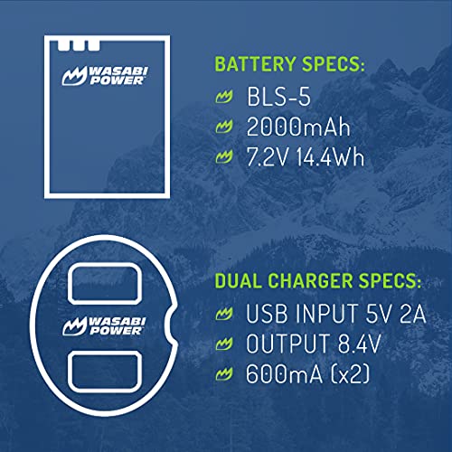 Wasabi Power Battery (2-Pack), Dual Charger for Olympus BLS-5, BLS-50, PS-BLS5, BLS-1, PS-BLS1, E-420, E-450, E-600, E-620, Pen E-P1, E-P2, E-P3, E-PL1, E-PL3, E-PM1, OM-D E-M10 Mark II, III, IIIs, IV