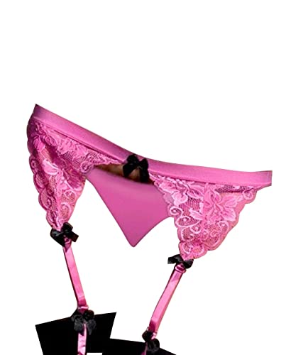 One Size Fits Most Women Lace Garter Strap Belt Set with Thong Panty Underwear (Pink & Black) Stockings Not Included
