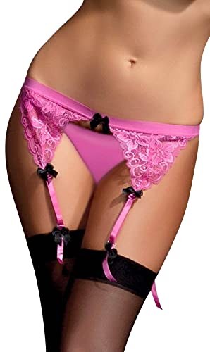 One Size Fits Most Women Lace Garter Strap Belt Set with Thong Panty Underwear (Pink & Black) Stockings Not Included