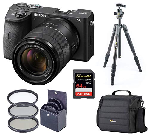 Sony Alpha a6600 Mirrorless Digital Camera with 18-135mm Lens Tripod Bundle with Vanguard Carbon Fiber Tripod, Bag, 64GB SD Card, Filter Kit