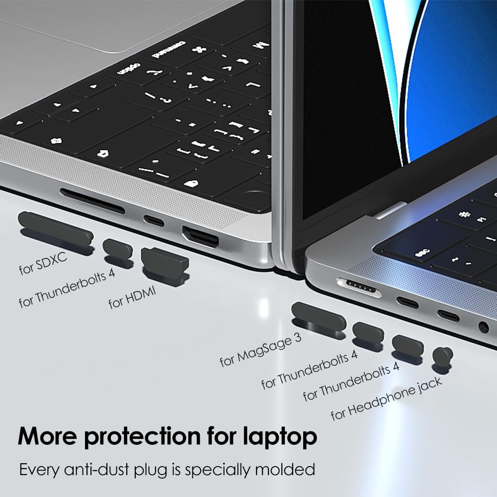 ProElife 7 Pcs Anti Dust Dirt Plug Cups Set for 2023-2021 MacBook Pro 14.2 inch 16.2 inch M3 M2 M1 Pro/Max (Model: A2779/A2442/A2780/A2485) Accessory Silicone Anti Dirt Protective Cover (Black)
