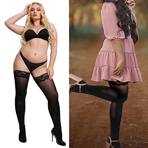 MANZI 2 Pairs Thigh High Stockings Plus Size Lingerie Pantyhose for Curve Women Black 3X-Large-4X-Large