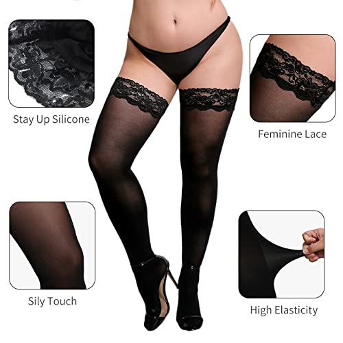 MANZI 2 Pairs Thigh High Stockings Plus Size Lingerie Pantyhose for Curve Women Black 3X-Large-4X-Large