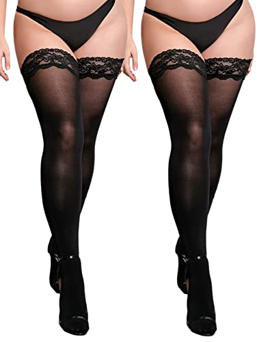 MANZI 2 Pairs Thigh High Stockings Plus Size Lingerie Pantyhose for Curve Women Black 3X-Large-4X-Large