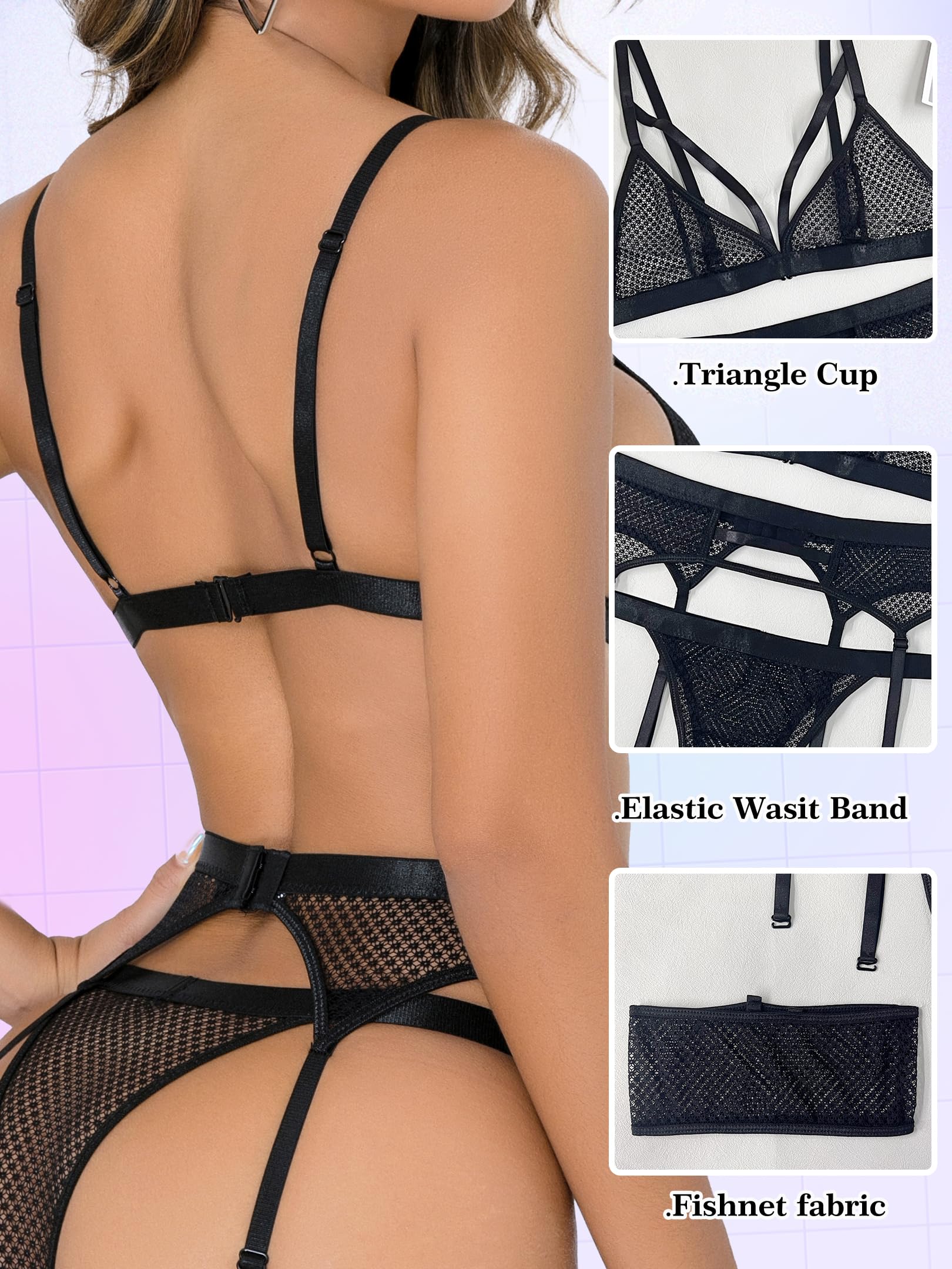 popiv Women's Sexy Lingerie Set with Garter Belt Matching Bra and Panty Lingeries Sets 4 Piece Black