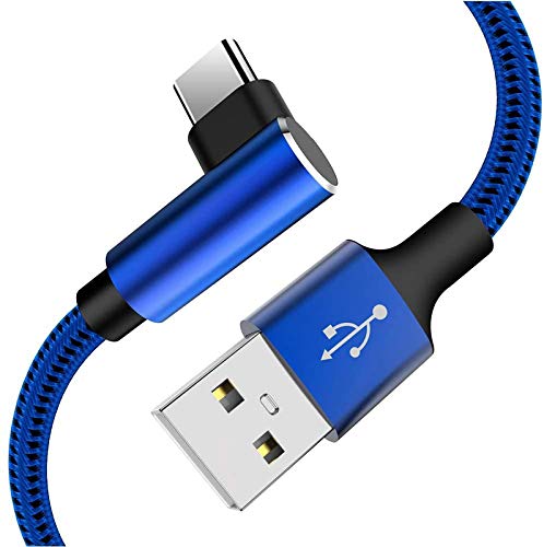 Extra Long Right Angle USB Type C Cable (2 Pack 10FT) Fast Charger USB A to USB C Cord for Samsung Galaxy S22 Ultra S21 Plus S20 FE S10 Note 20 Ultra Note 10 Plus A13 A12 A32 A52, Google 6 Pro (Blue)