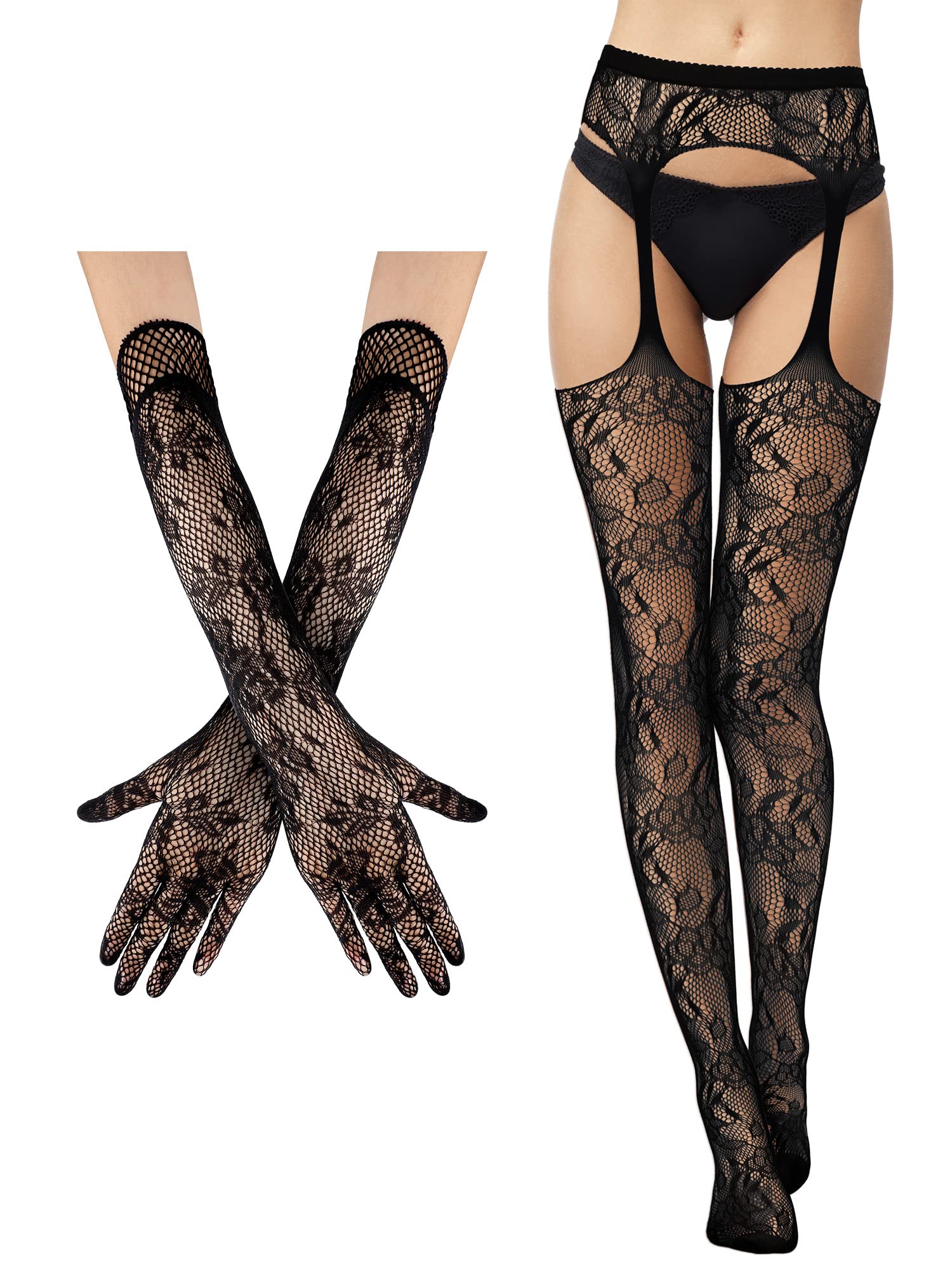 Geyoga 2 Pieces Suspender Pantyhose Long Floral Lace Gloves Stocking Fishnet Tights Garter Belt Stockings for Women, Black (Medium)