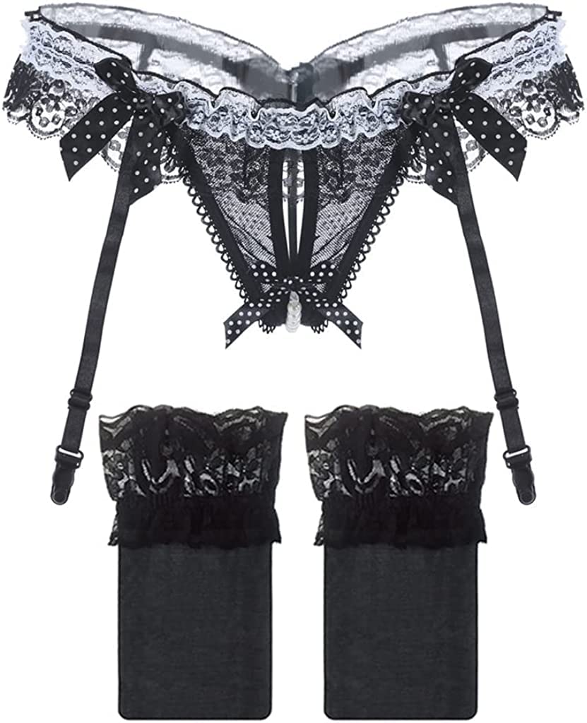 Sexy Floral Lace Garter Belt with Stockings Set Low Waist Hosiery Thong Open Design Underwear 3 Pieces Women Lingerie Set (Black)