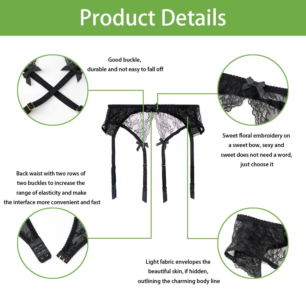 Confonze Women Lace Garter Belt Sexy Suspender Belts for Thigh High Stockings (Large, Black2)