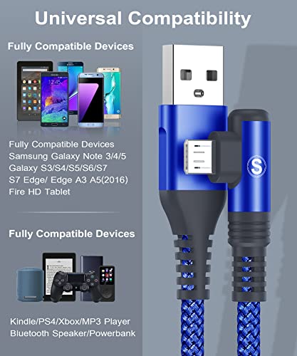 sweguard Micro USB Cable Right Angle [2-Pack, 6.6FT+6.6FT] Android Charger Cable, Nylon Braided Micro Charger Cord for Samsung Galaxy S7 Edge S6 S2 J7 J5 J3 J3V J2,LG K10 V10,Moto E6 5 4,PS4-Blue