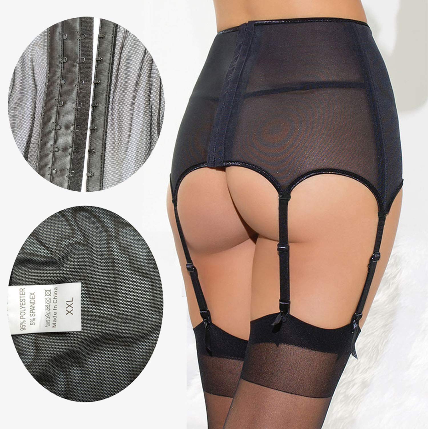 Plus Size Garter Belt - High-waisted Sheer Lace Garter Belt with 6pcs Garters, Hooks and G-string for Women, Sexy Panties, underwear, lingerie (Black, XL)
