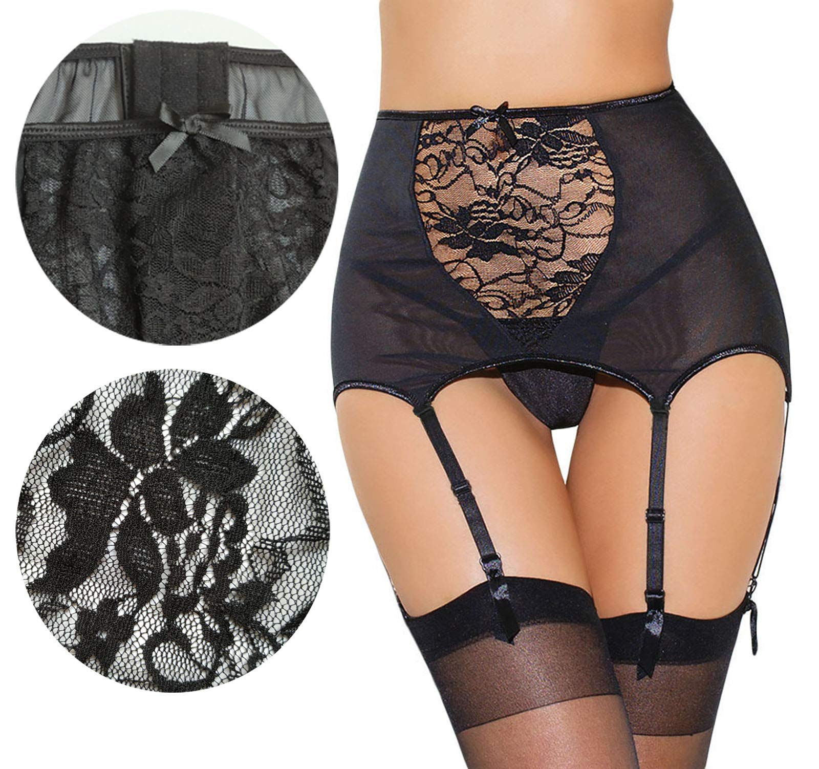 Plus Size Garter Belt - High-waisted Sheer Lace Garter Belt with 6pcs Garters, Hooks and G-string for Women, Sexy Panties, underwear, lingerie (Black, XL)