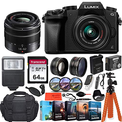 Panasonic Lumix DMC-G7 4K Wi-Fi Digital Camera & 14-42mm Lens (Black) + 64GB Transcend Memory Card + Battery & Charger + Case + Spider Tripod and More…