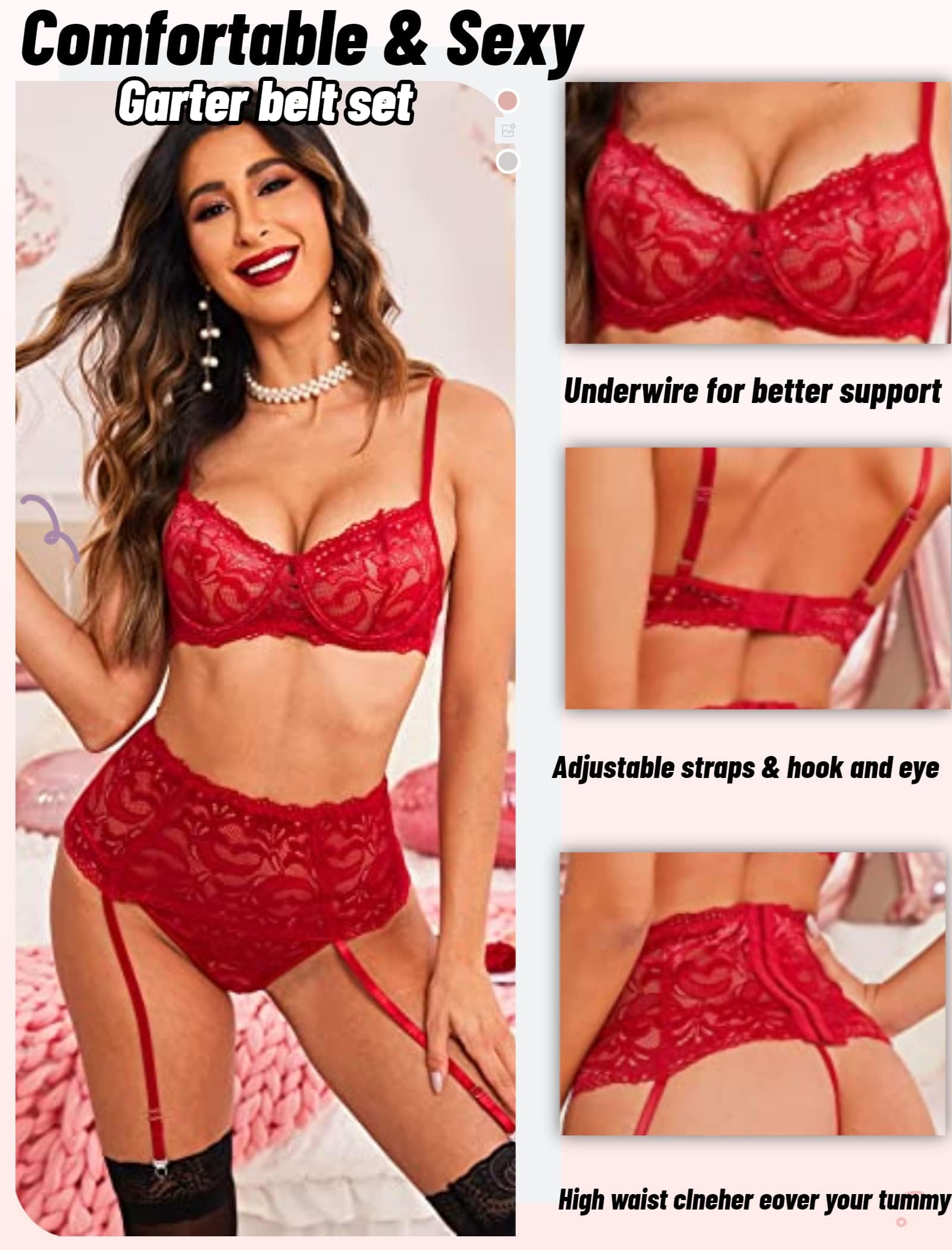 Avidlove Women Lingerie Set High Waisted Underwire Lingerie with Garter Belt Lace Babydoll Pure (Red,Large)