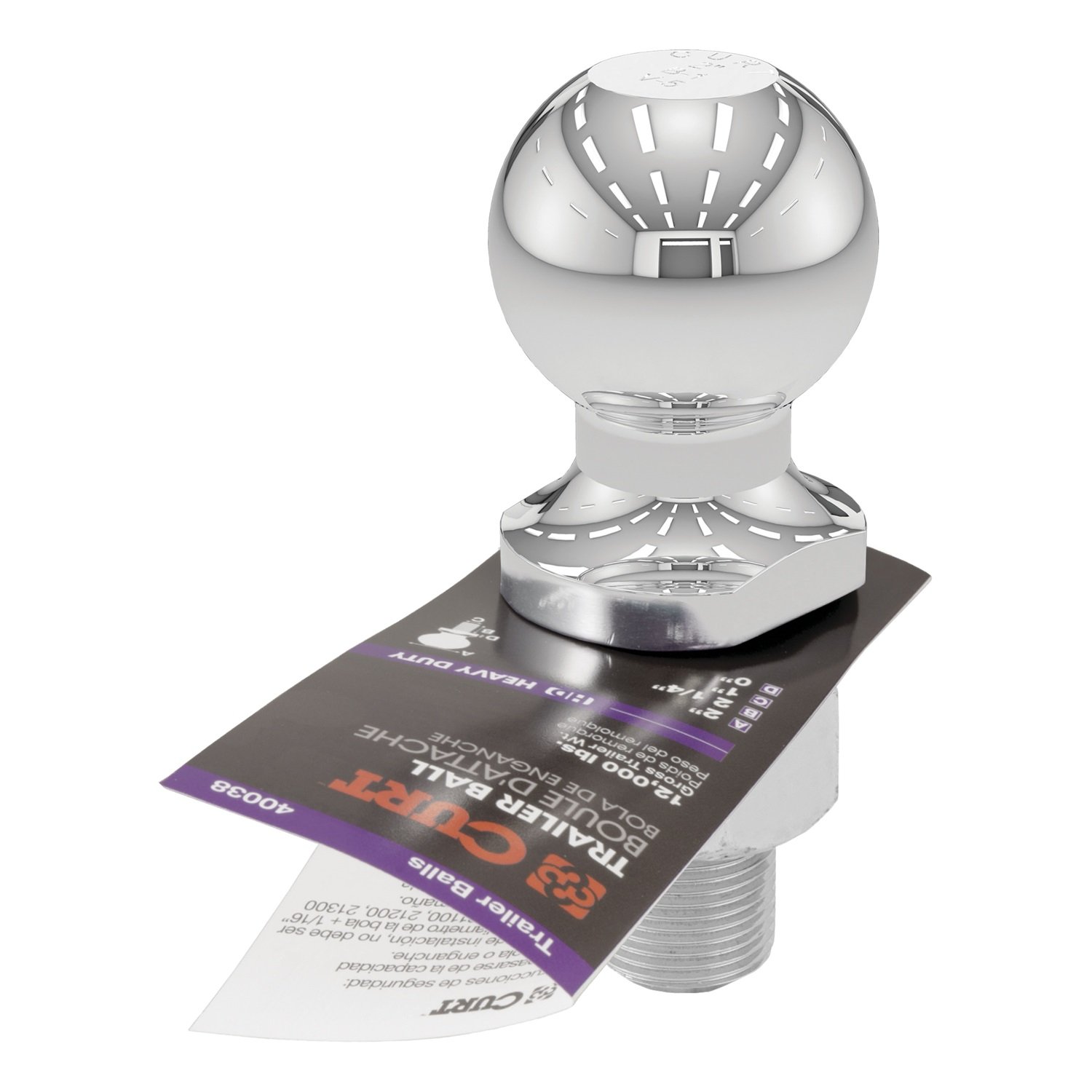 CURT 40038 Chrome Trailer Hitch Ball, 12,000 lbs, 2-Inch Diameter, 1 x 2-1/4-Inch Shank
