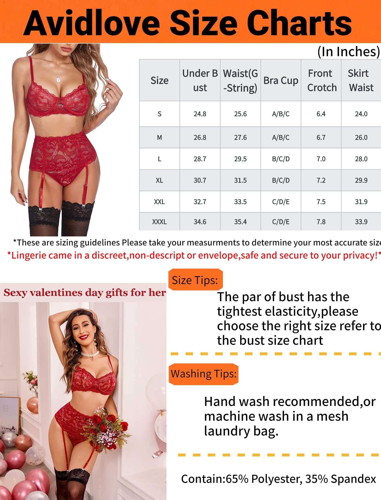 Avidlove Women Lingerie Set High Waisted Underwire Lingerie with Garter Belt Lace Babydoll Pure (Red,Large)
