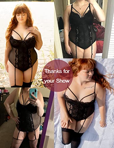 Avidlove Women Lingerie with Garter Belt Lace Teddy Bodysuit Gartered One Piece Babydoll Black, XXL