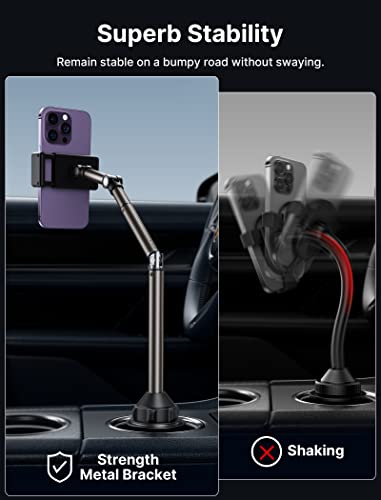 JSAUX Cup Phone Holder for Car Truck with Long Arm, Multi-Adjustable Ultra Stable Cup Holder Phone Mount Cellphone Cradle Compatible with iPhone, Samsung Galaxy, Google Pixel and Other Smart Phones