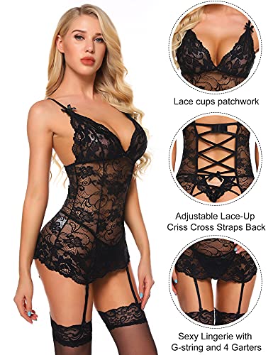 Women Sexy Bustier Lingerie Deep V Lace Chemise Garter Belt Set Black Small
