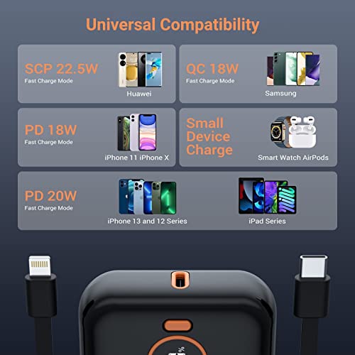ODGUV Portable Charger,10000mAh 22.5W Fast Charging USB C Power Bank,High-Speed Small Phone Charger Built in Cable,LCD Display External Battery Pack for iPhone Samsung iPad LG