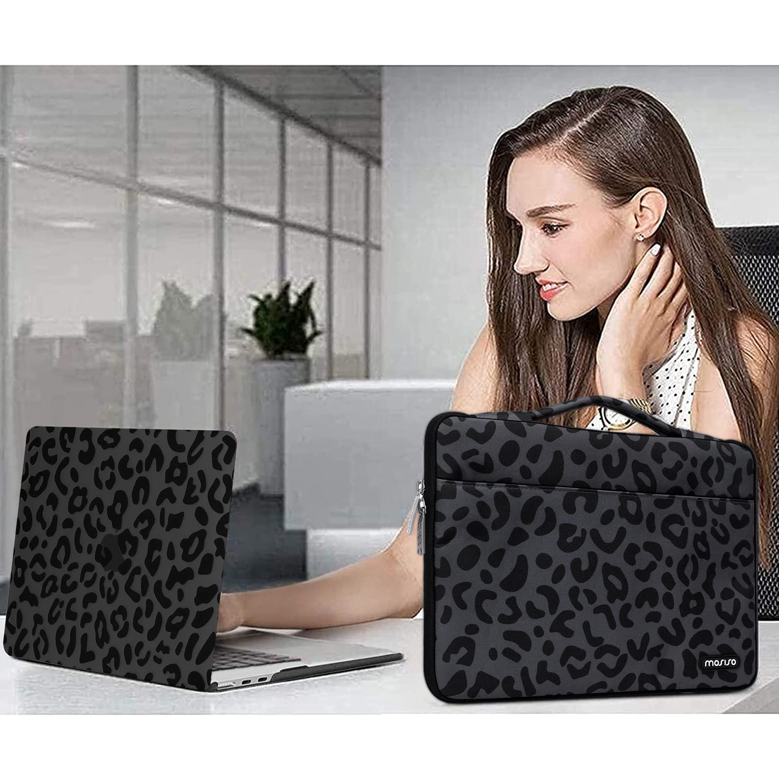 MOSISO Compatible with MacBook Air 13 inch Case 2025 2024 2023 2022 M3 A3113 M2 A2681, Plastic Leopard Grain Hard Shell Case&Carrying Sleeve Bag&Keyboard Cover&Webcam Cover&Screen Protector, Black