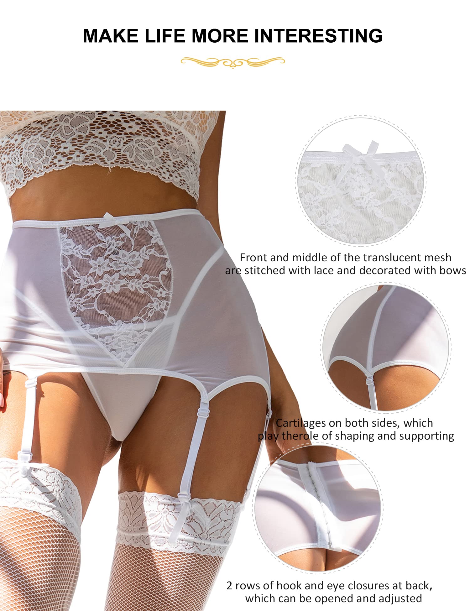 2 Pieces Lace High Waisted Garter Belts Plus Size with Panty for Women's Sexy Lingerie Stockings Sets (White, 3X-4X)