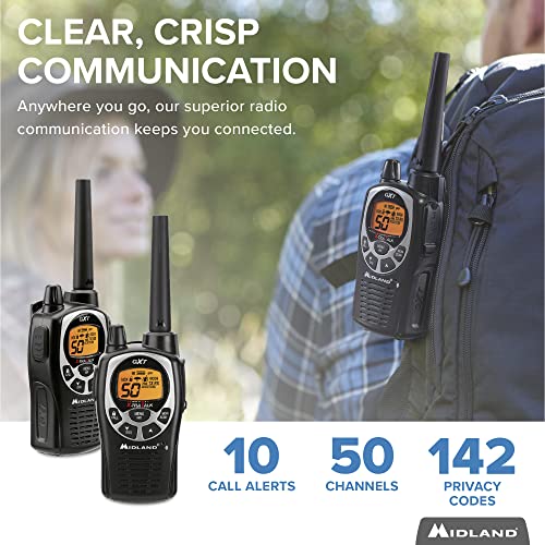 Midland 50 Channel Waterproof GMRS Two-Way Radio - Long Range Walkie Talkie with 142 Privacy Codes, SOS Siren, and NOAA Weather Alerts and Weather Scan (Black/Silver, Pair Pack)