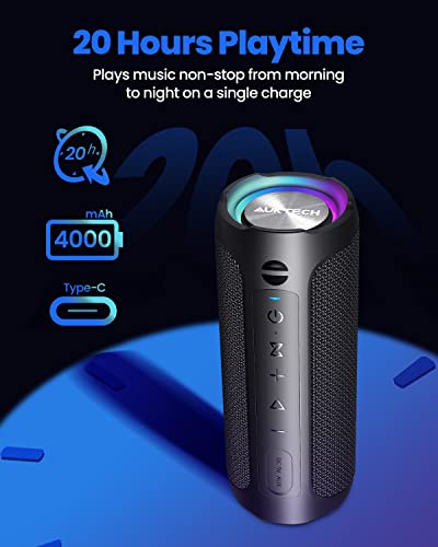 AUKTECH Bluetooth Speakers - Portable Speakers Bluetooth Wireless(100ft), 24W Loud Stereo Sound, Led Lights, 20H Playtime, IPX7 Waterproof Speaker for Outdoor, Home, Party, Beach, Shower