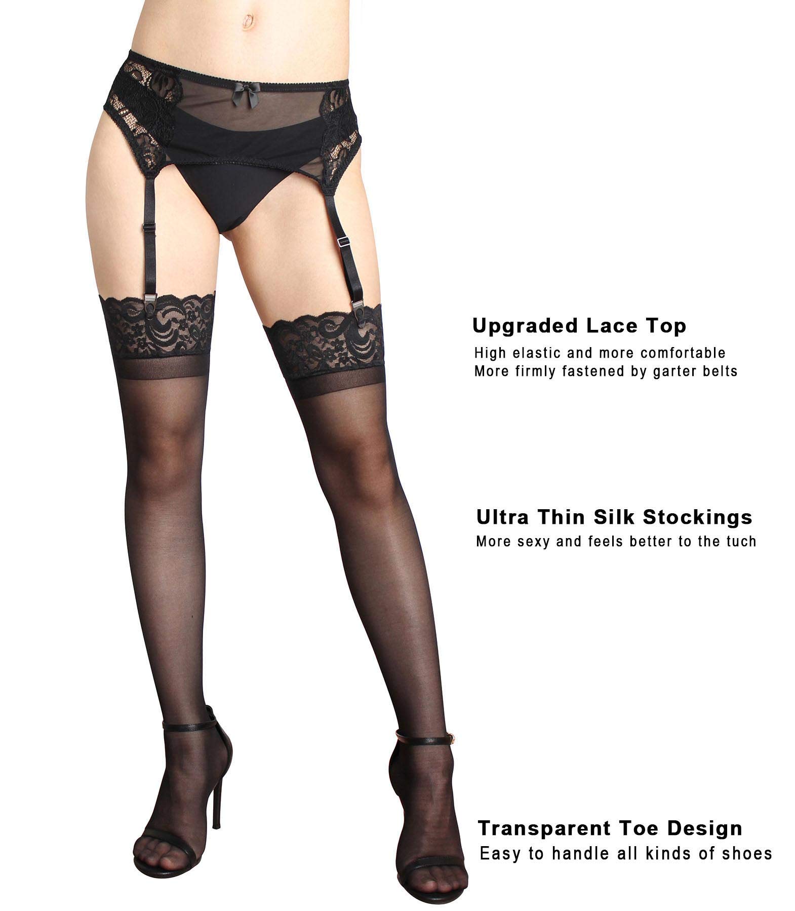 GARGALA Plus Size Black Sheer Thigh High Stockings for Women lingerie Garter Belt with Sexy Lace Top