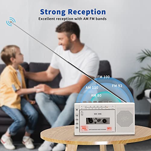 Portable Cassette Player Recorder, Cassette to MP3 Digital Converter via USB or Micro SD Card, Powered by AC or 4 AA Battery AM FM Radio Tape Walkman, Build-in Speaker and Microphone