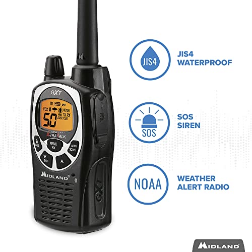 Midland 50 Channel Waterproof GMRS Two-Way Radio - Long Range Walkie Talkie with 142 Privacy Codes, SOS Siren, and NOAA Weather Alerts and Weather Scan (Black/Silver, Pair Pack)