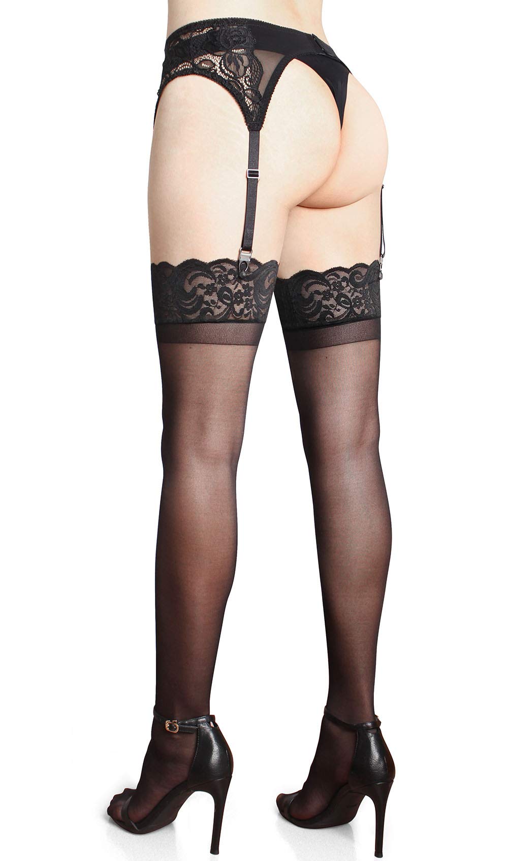 GARGALA Plus Size Black Sheer Thigh High Stockings for Women lingerie Garter Belt with Sexy Lace Top