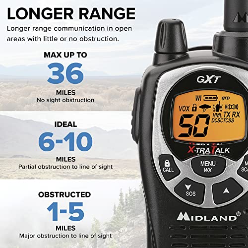 Midland 50 Channel Waterproof GMRS Two-Way Radio - Long Range Walkie Talkie with 142 Privacy Codes, SOS Siren, and NOAA Weather Alerts and Weather Scan (Black/Silver, Pair Pack)