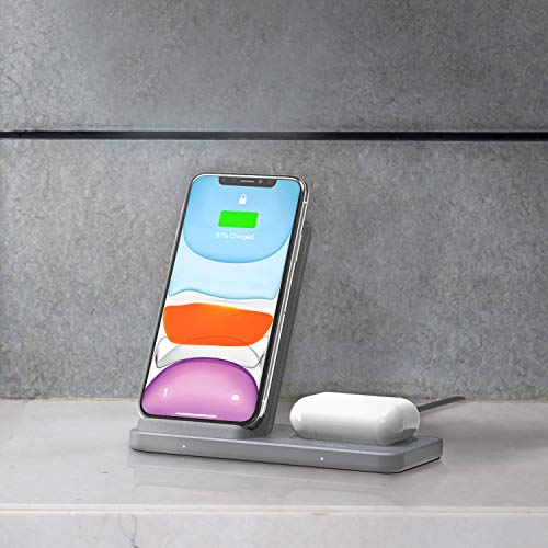 iOttie iON Wireless Duo 10W Stand + 10W Pad Qi-Certified Charger Compatible with iPhone and Samsung Galaxy | Includes Power Cable & Adapter | Light Grey