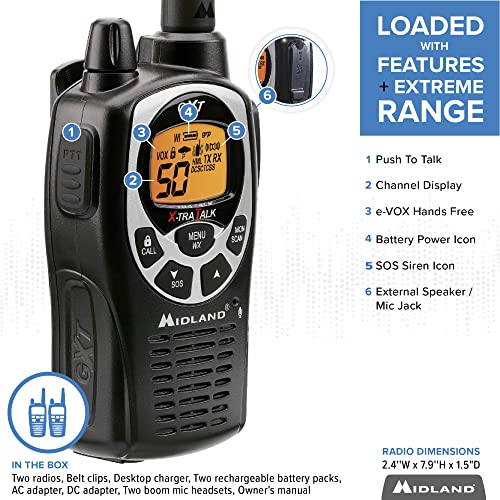 Midland 50 Channel Waterproof GMRS Two-Way Radio - Long Range Walkie Talkie with 142 Privacy Codes, SOS Siren, and NOAA Weather Alerts and Weather Scan (Black/Silver, Pair Pack)