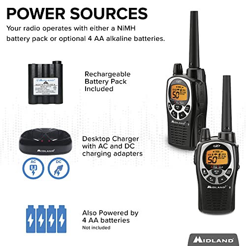 Midland 50 Channel Waterproof GMRS Two-Way Radio - Long Range Walkie Talkie with 142 Privacy Codes, SOS Siren, and NOAA Weather Alerts and Weather Scan (Black/Silver, Pair Pack)