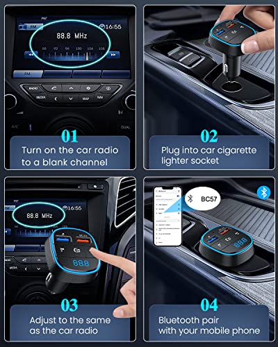Upgraded Bluetooth FM Transmitter for Car, Car Bluetooth Adapter, Freapp Wireless Car Radio Transmitter, QC3.0 Quick Charge, Handsfree Call/TF Card & U Disk Car Music Adapter Player,Voice Assistant