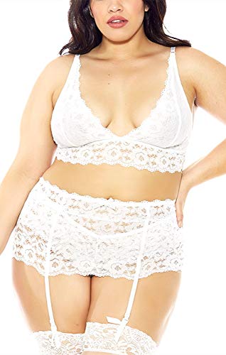 Ella Lust Plus Size Lingerie Set for Women - Sexy Exotic Floral Lace Bra High Waist Skirt Garter Belt with Thong 3 Pcs(XXXX-Large, White)