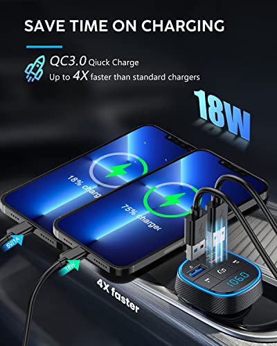Upgraded Bluetooth FM Transmitter for Car, Car Bluetooth Adapter, Freapp Wireless Car Radio Transmitter, QC3.0 Quick Charge, Handsfree Call/TF Card & U Disk Car Music Adapter Player,Voice Assistant