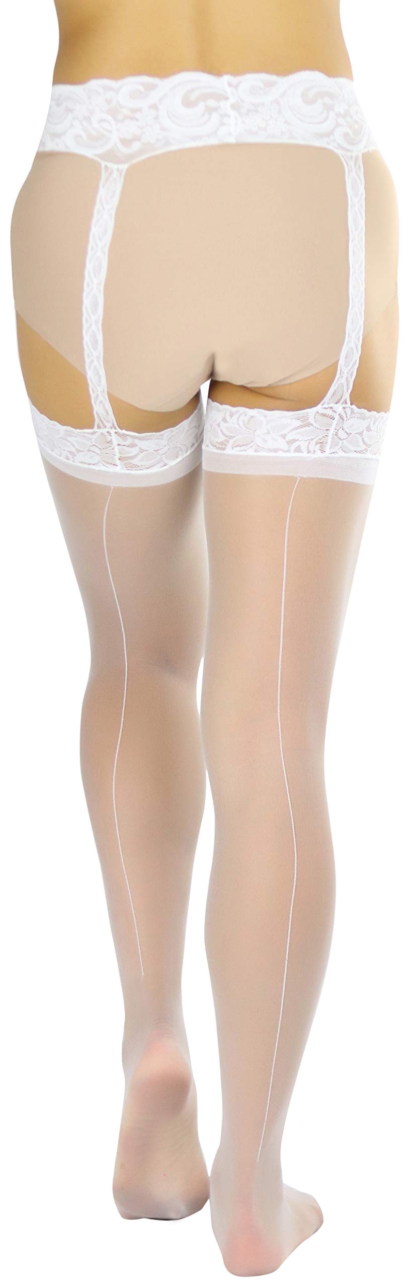 ToBeInStyle Women's All-in-1 Lace Garter Belt Sheer Backseam Stockings - White - OS
