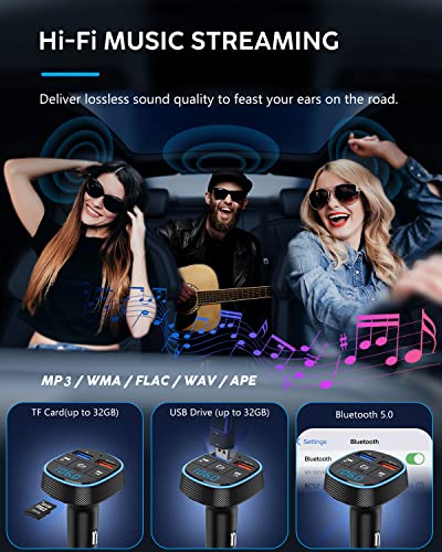 Upgraded Bluetooth FM Transmitter for Car, Car Bluetooth Adapter, Freapp Wireless Car Radio Transmitter, QC3.0 Quick Charge, Handsfree Call/TF Card & U Disk Car Music Adapter Player,Voice Assistant