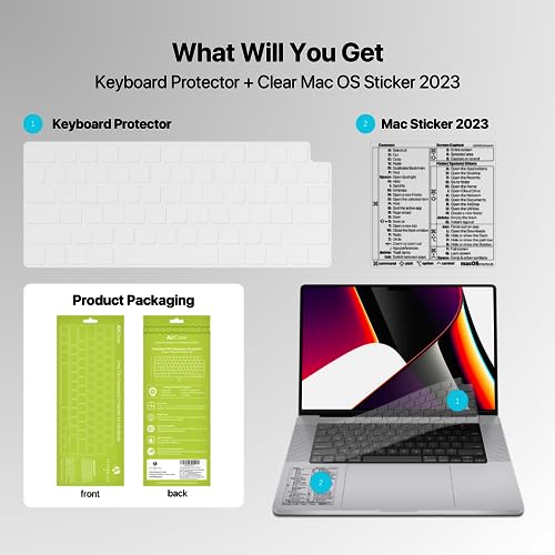 Afterplug Ultra-Thin Keyboard Cover (US ANSI) + Mac OS Shortcuts Sticker for M2 M3 MacBook Air 13" & 15" and M1–M4 MacBook Pro 14" & 16" – Clear Cover; Clear Sticker for Light-Colored MacBooks