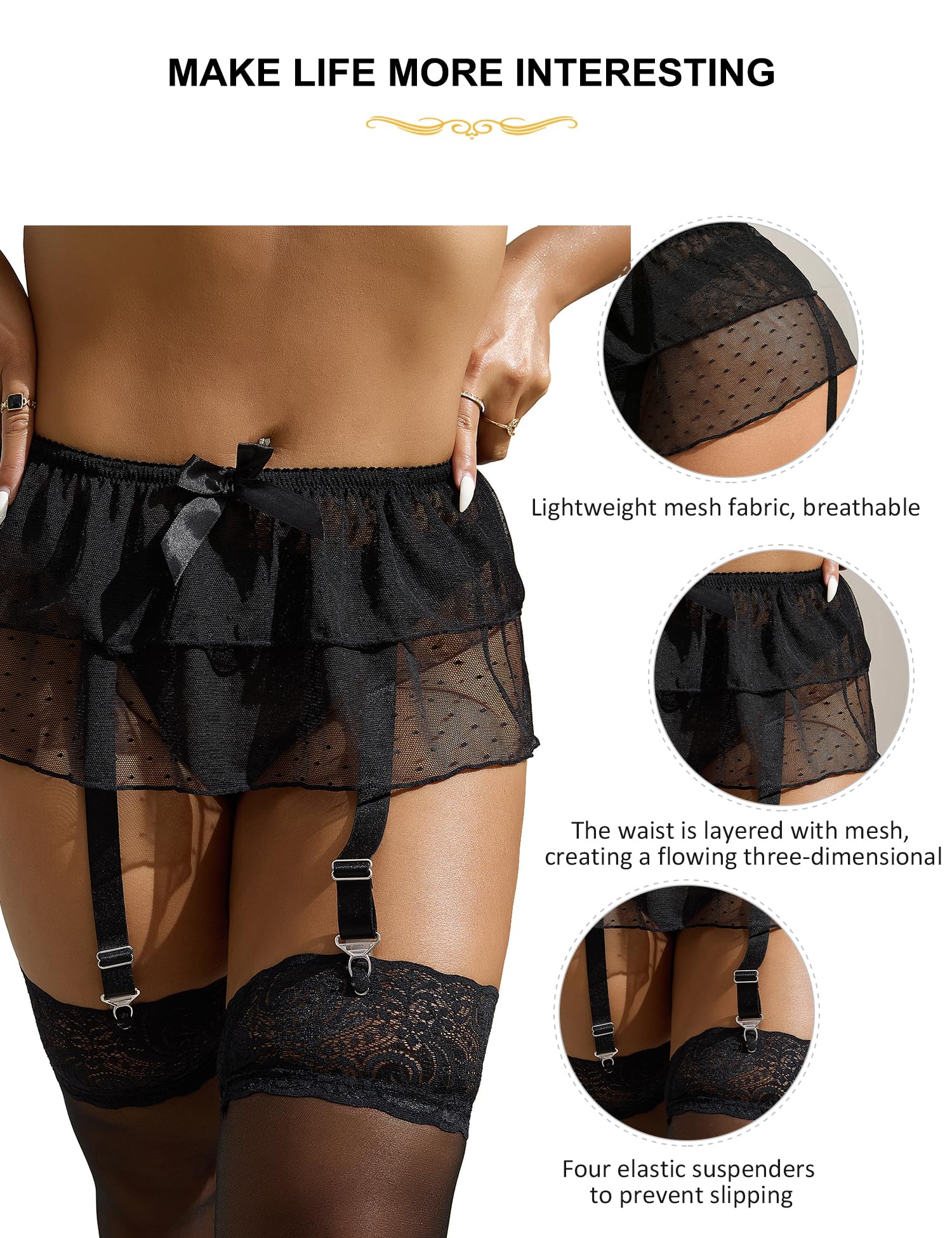 comeondear Women Lace Garter Belt for Stockings with G-string Black Garter Skirt (Black, X-Large=US 8-10)