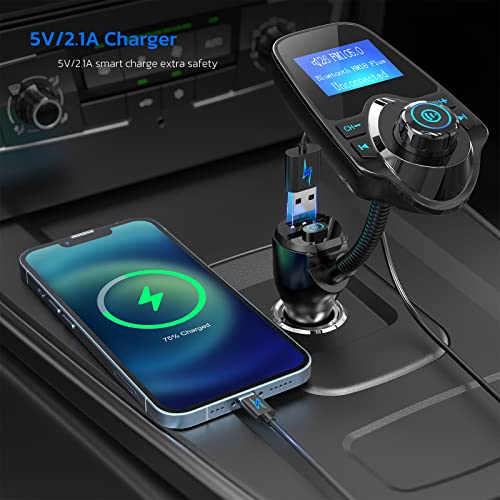 Nulaxy Bluetooth FM Transmitter for Car, Upgraded Manual Power On/Off Switch Wireless Car Radio Bluetooth Adapter Supports Hands free Calls, USB Fast Charging, microSD Card, Aux Play - KM18 Plus Black