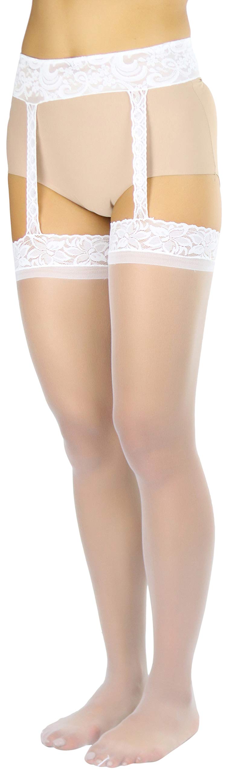 ToBeInStyle Women's All-in-1 Lace Garter Belt Sheer Backseam Stockings - White - OS