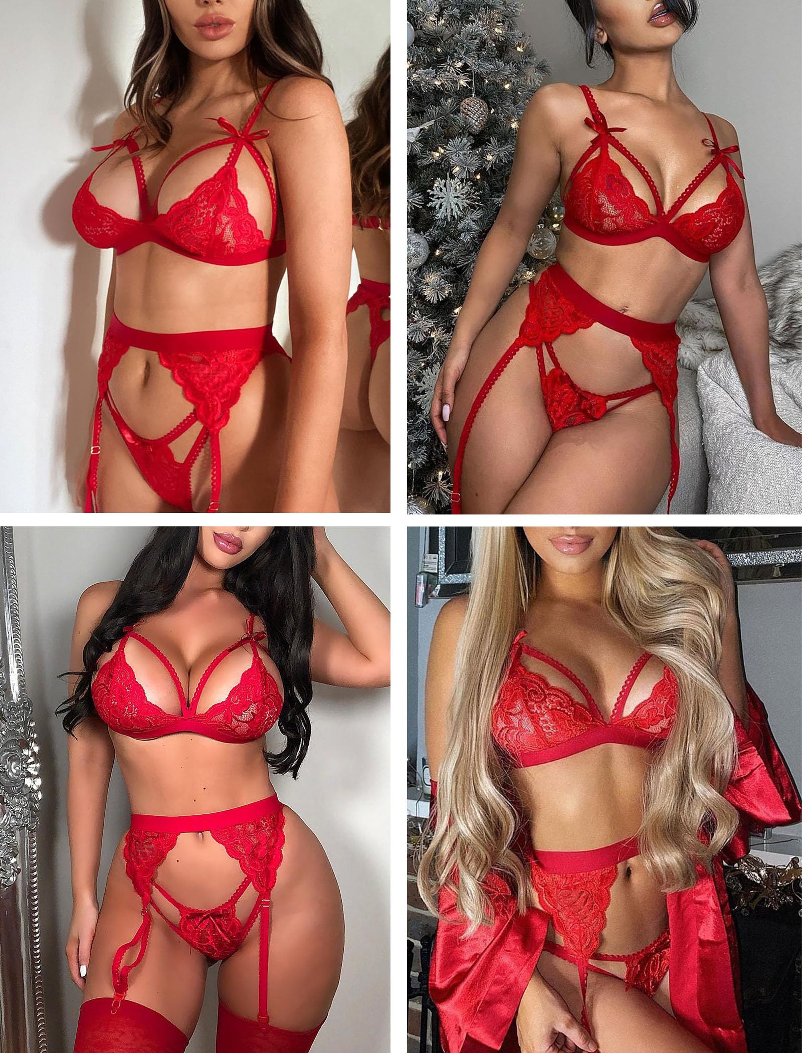 Avidlove Women Lingerie Set Lace Teddy Strap Babydoll Bodysuit with Garter Belts Red Medium