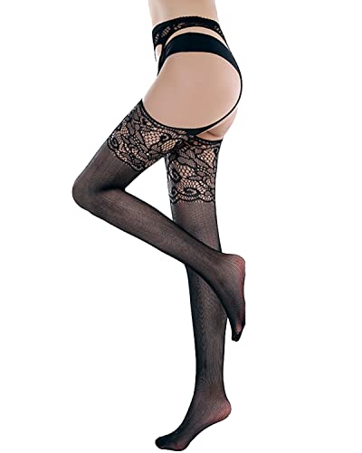 Coshang Womens Black Suspender Thigh High Stockings Sexy Lace Garter Belt Pantyhose With Attached Garter Belt