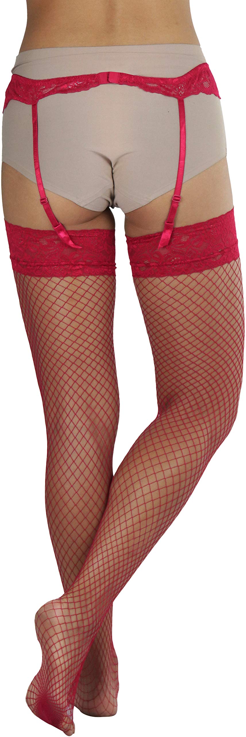 ToBeInStyle Women's Two Piece Fishnet Lacetop Stocking with Lace Garter Belt - Red
